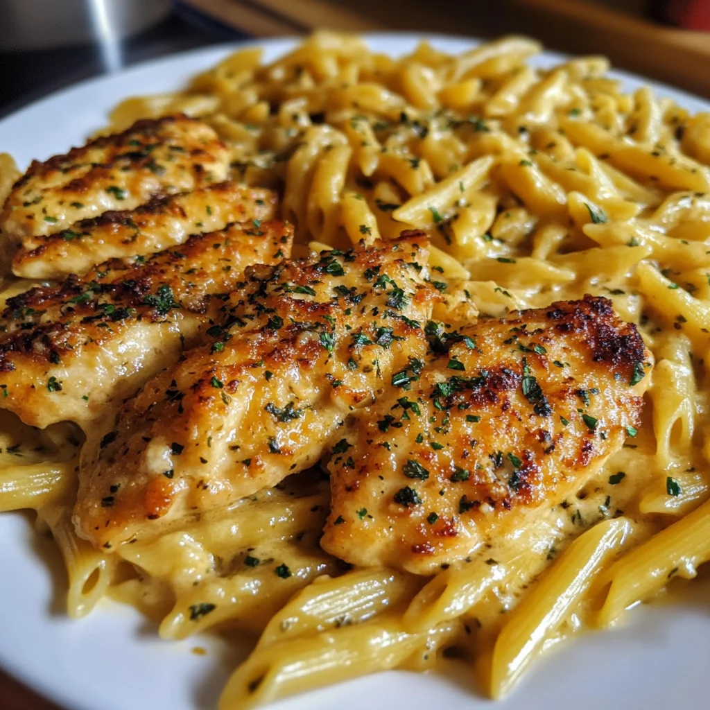 Creamy Cheddar Parmesan Garlic Butter Chicken with Penne Recipe